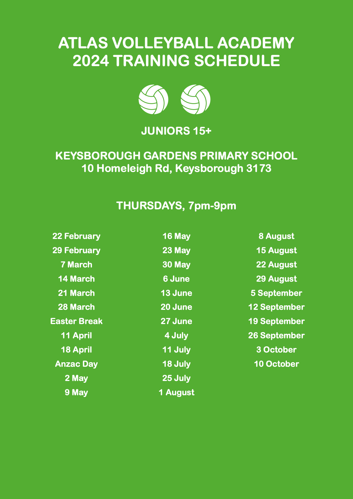 AVA 2024 Training Schedules – Atlas Volleyball Academy